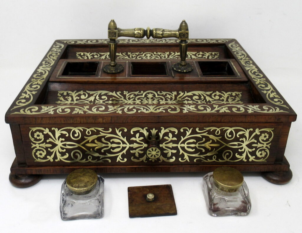 363 Antique Grand Tour Mahogany Brass Inlaid Desk Set Inkstand English ...