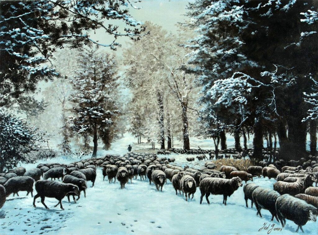 959 Ted Jones – Oil on Canvas – Driving Sheep Winter – Circa 1992 ...